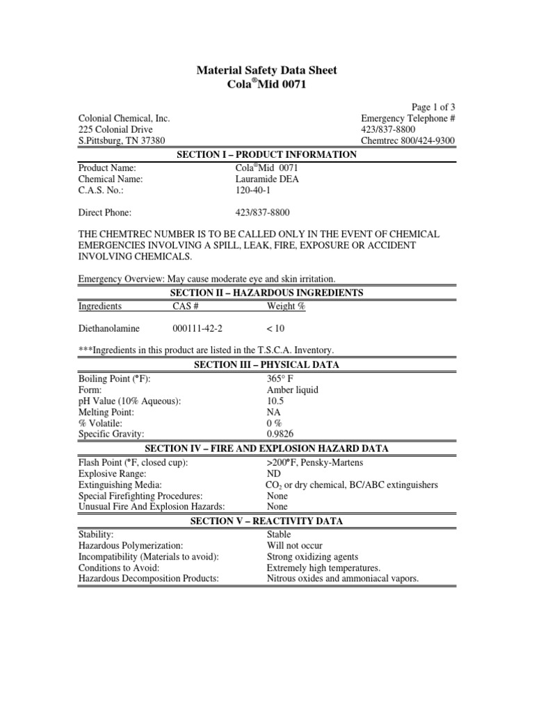 MSDS Colamid 0071 | PDF | Safety | Chemistry