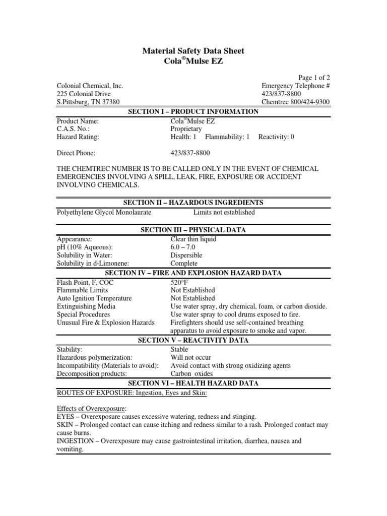 MSDS Colamulse Ez | PDF | Fires | Carbon Dioxide