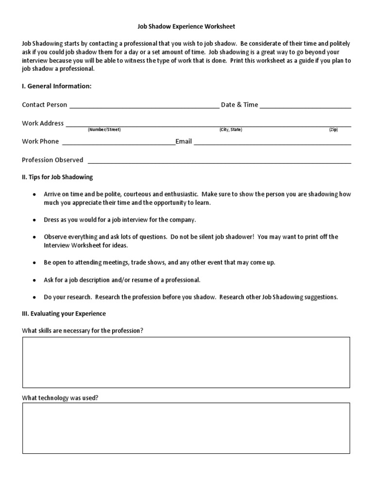 Job Shadow Experience Worksheet Guide | PDF