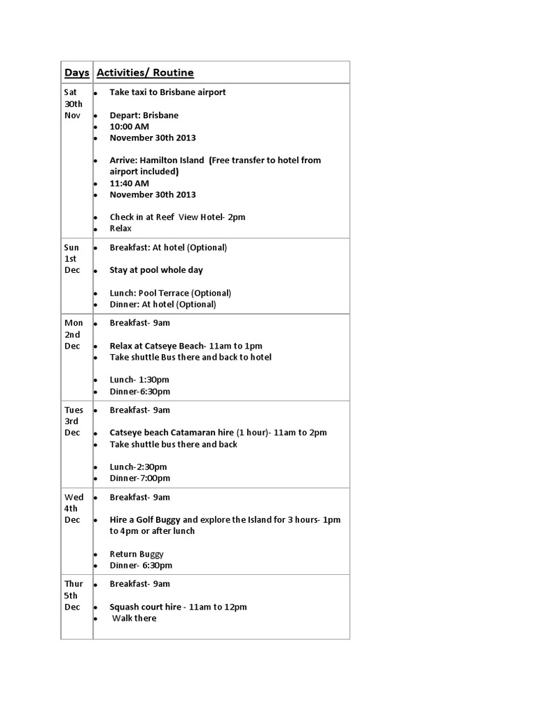 Itinerary Final | PDF | Leisure | Sports