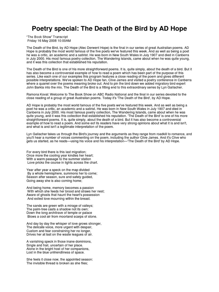 The Death of The Bird Analysis Poem A.D. Hope | PDF | Bird Migration ...