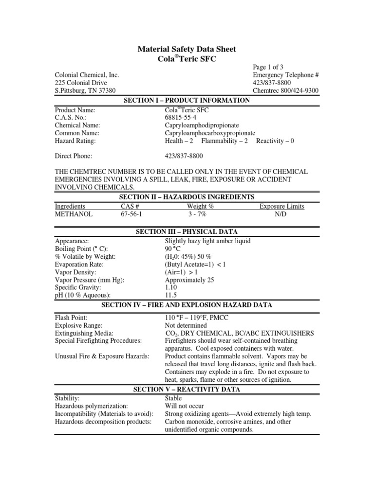 MSDS Colateric SFC | PDF | Toxicity | Water