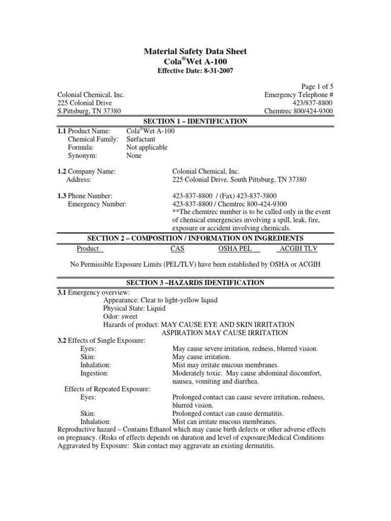 Msds Colawet A-100 (16 Section) | PDF | Toxicity | Hypothermia