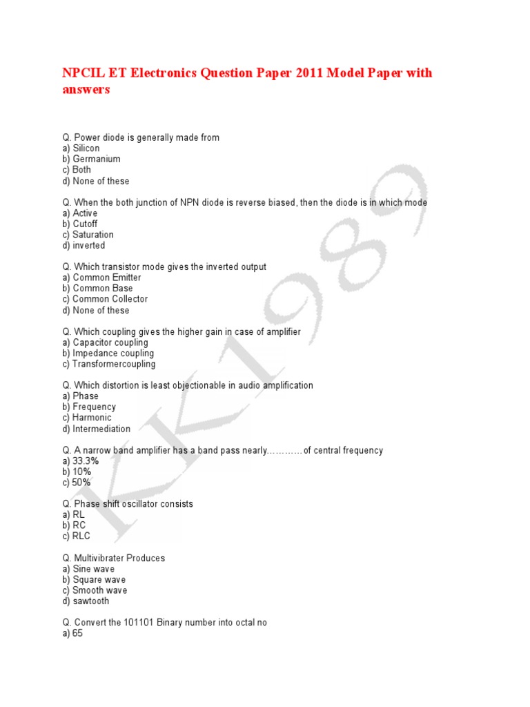 NPCIL ET Electronics 2011 Question Paper | PDF | Bipolar Junction ...
