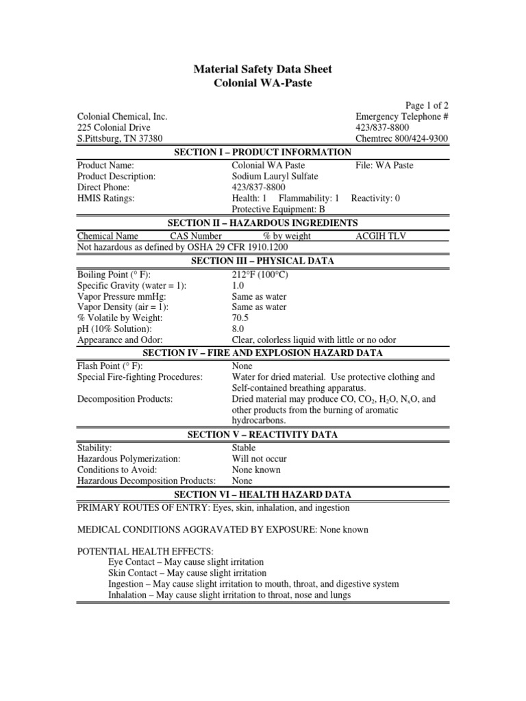 Msds Colonial Wa-Paste | PDF | Breathing | Water