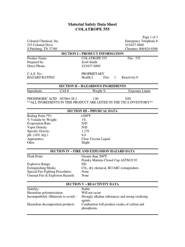 COLATROPE 555 MSDS Overview | PDF | Technology & Engineering