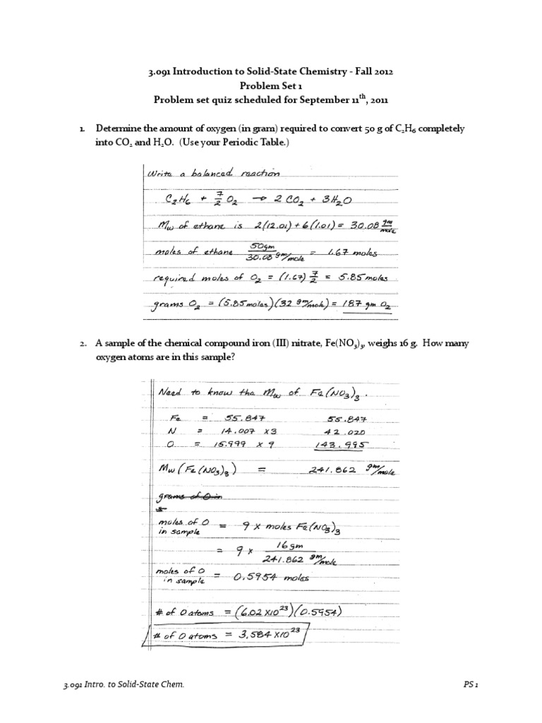 Problem Set 1: Stoichiometry, Atomic Structure, and Thermochemistry ...