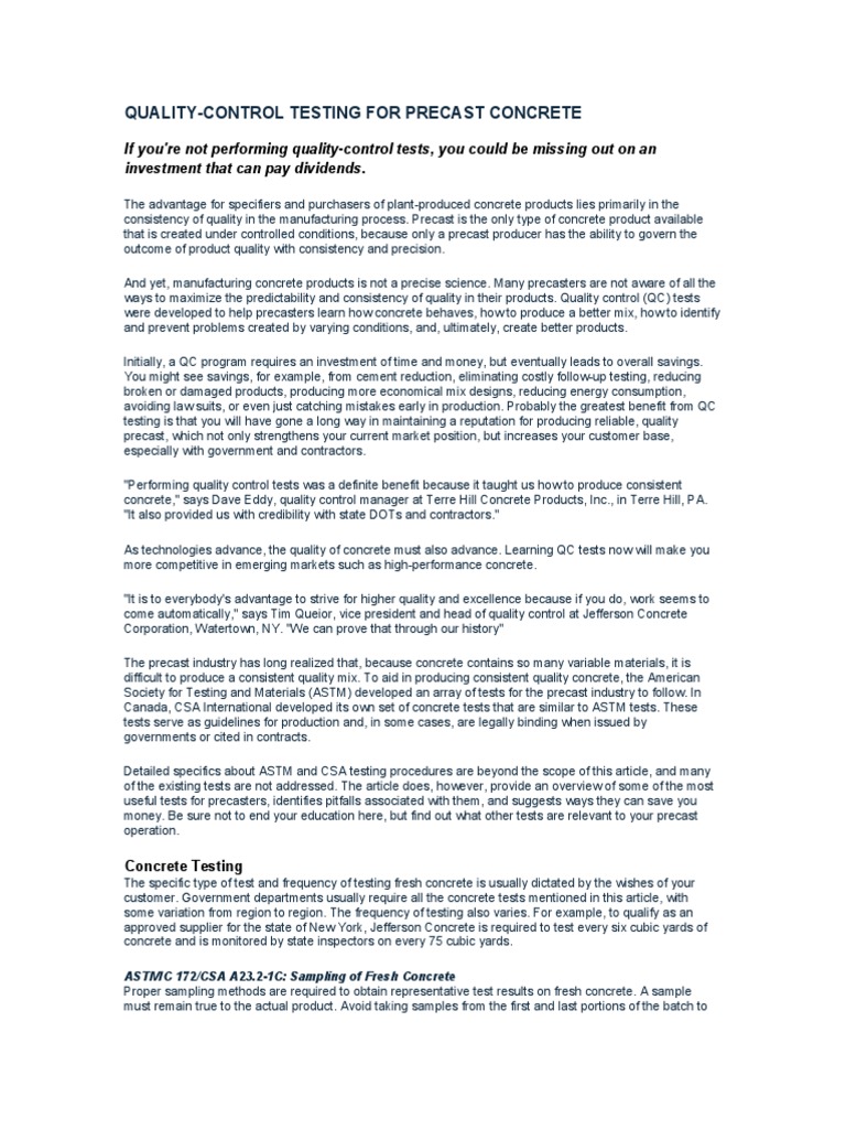 Quality Control For Precast | PDF | Construction Aggregate | Concrete
