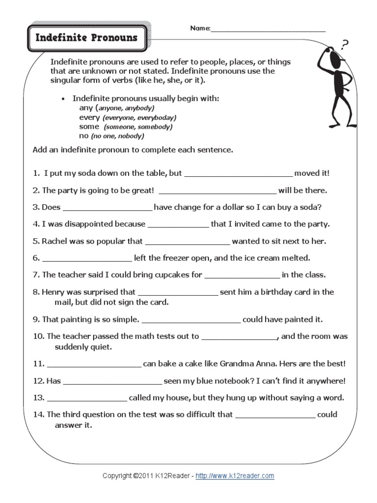 Indefinite Pronoun Worksheet