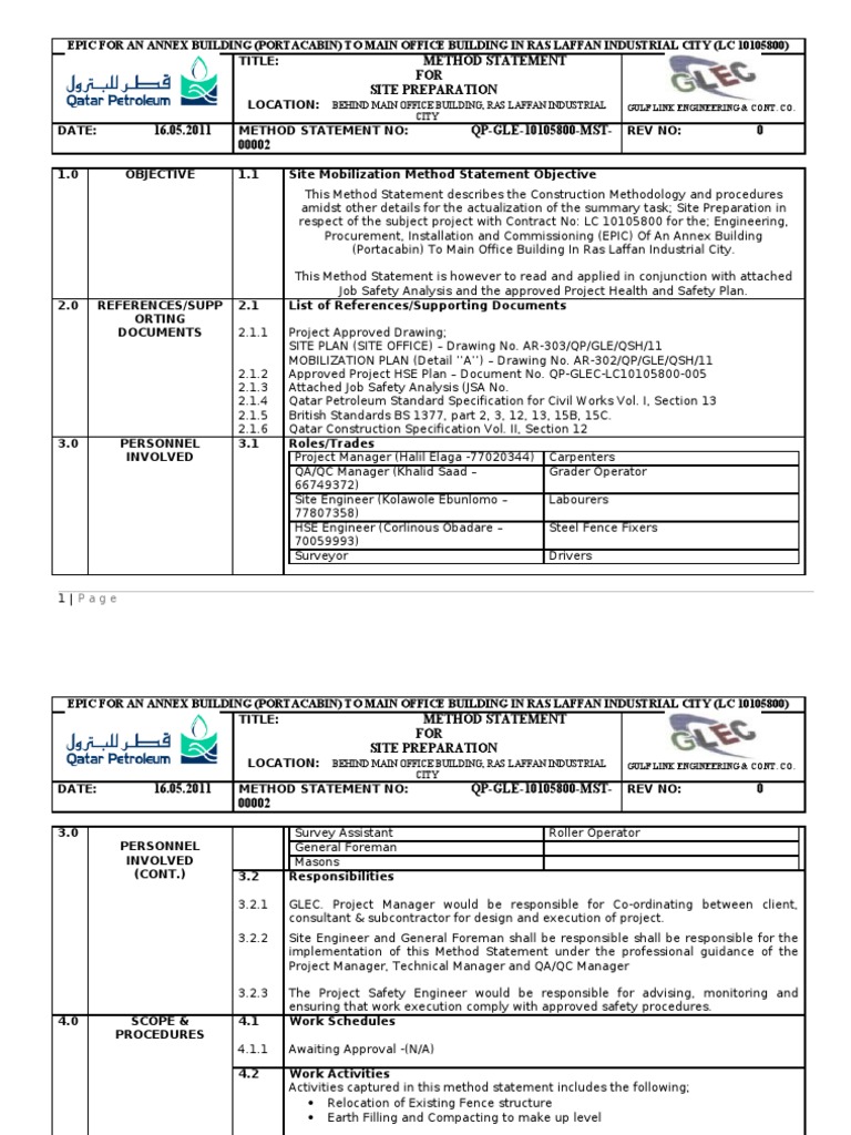 Method Statement For Site Preparation | PDF