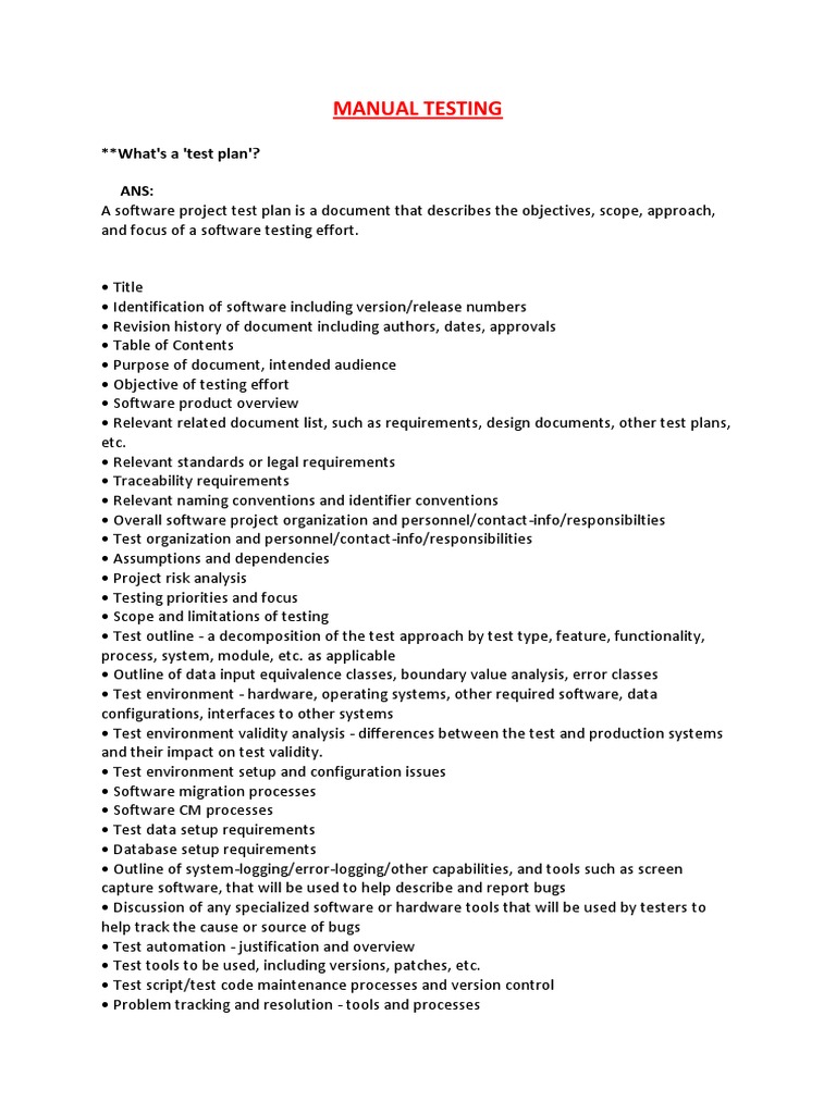 Manual Testing: What's A 'Test Plan'? Ans | PDF | Software Testing ...