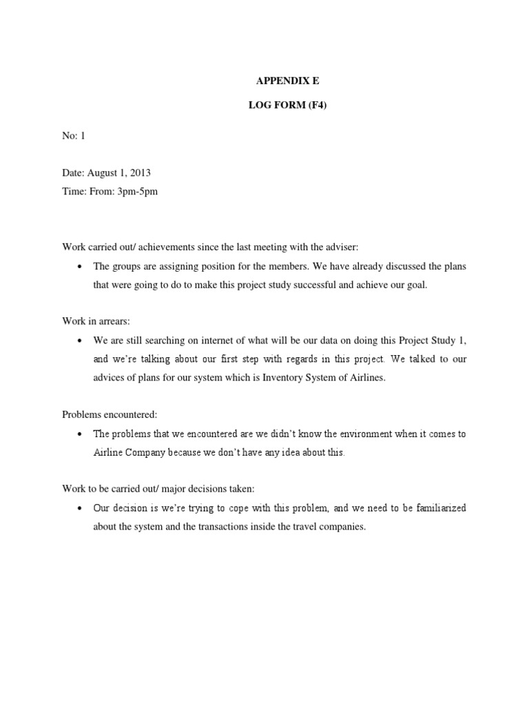 Appendix E Log Form (F4) | PDF | Business