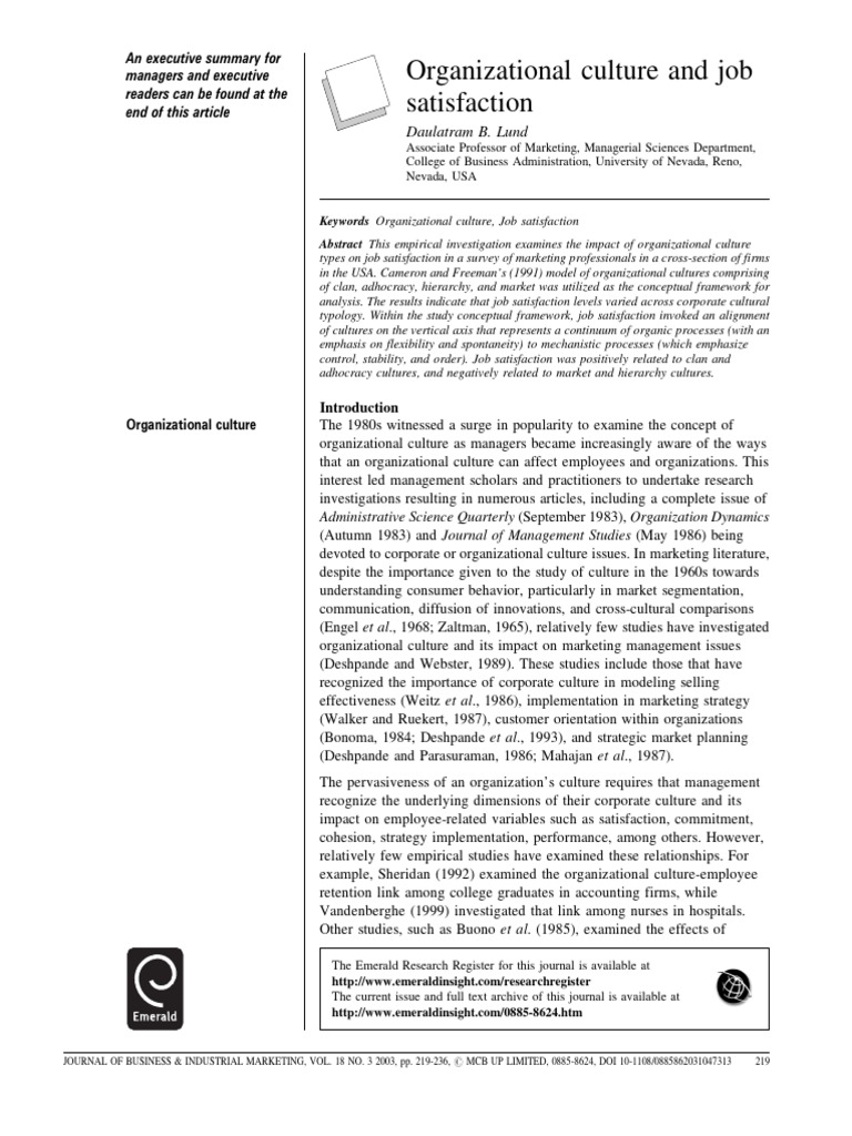 Organizational Culture and Job Satisfaction | PDF | Organizational ...