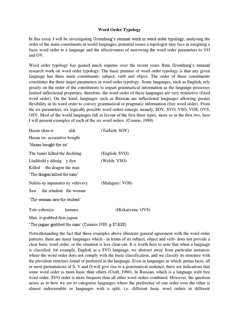 Word Order Typology | PDF | Linguistic Typology | Semantics