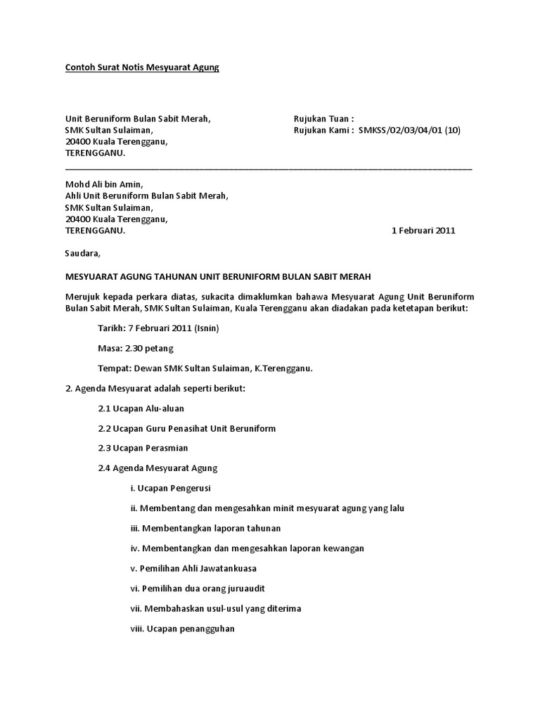 Contoh Surat Notis Mesyuarat Agung | PDF