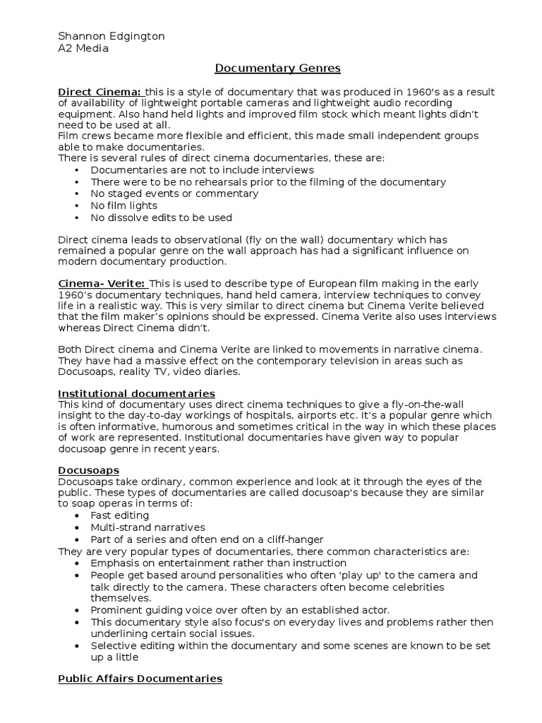 Documentary Genres and Their Codes and Conventions | PDF | Documentary ...