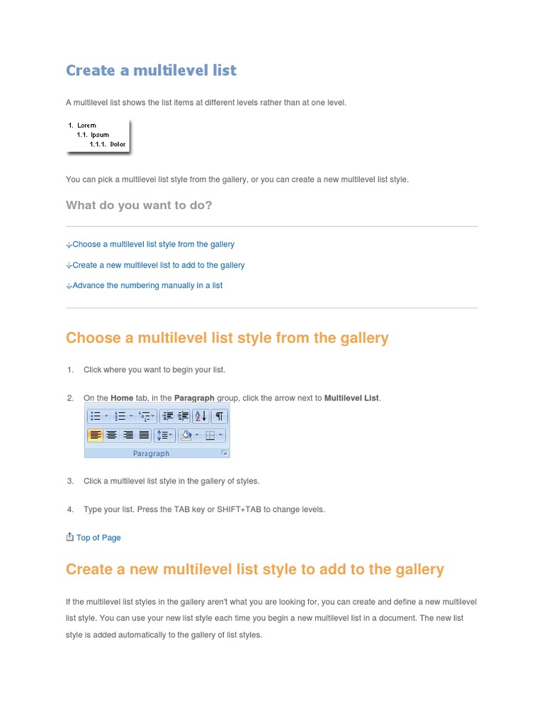 Create A Multilevel List | PDF | Text | Computing
