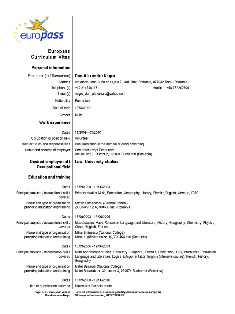 Europass CV Uni | PDF | Romania | Cognition