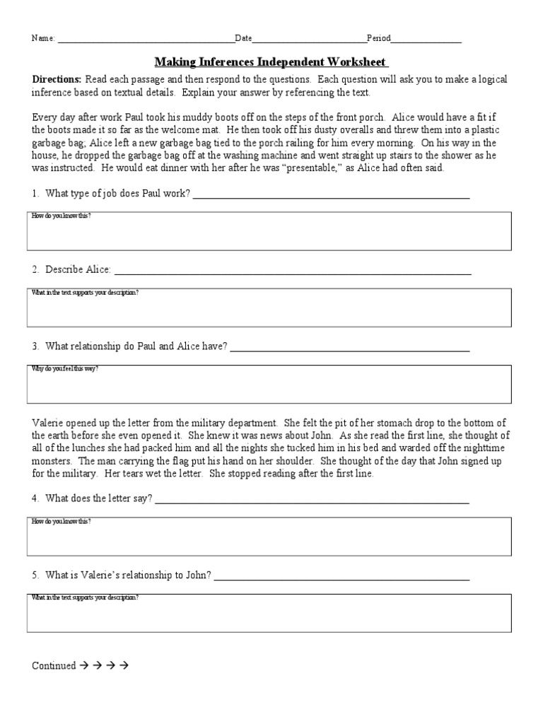 Making Inferences Independent Worksheet | PDF | Leisure