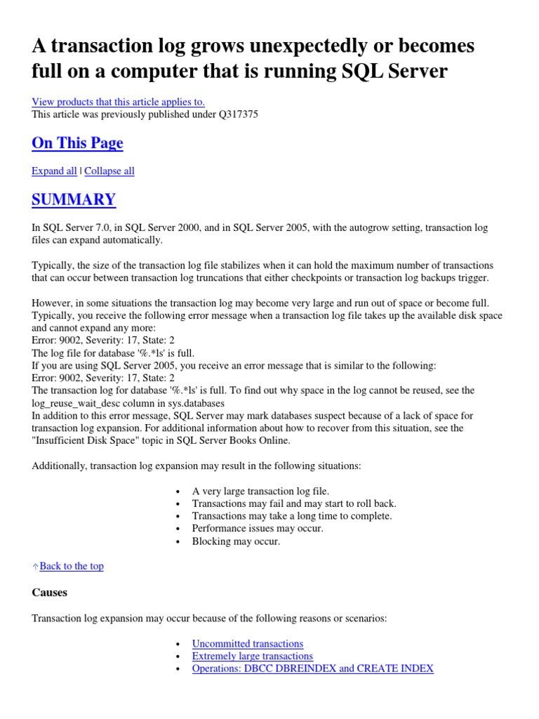 A Transaction Log Grows Unexpectedly or Becomes Full On A Computer That ...