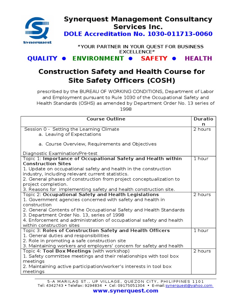 COSH Course Outline | PDF | Occupational Safety And Health | Safety