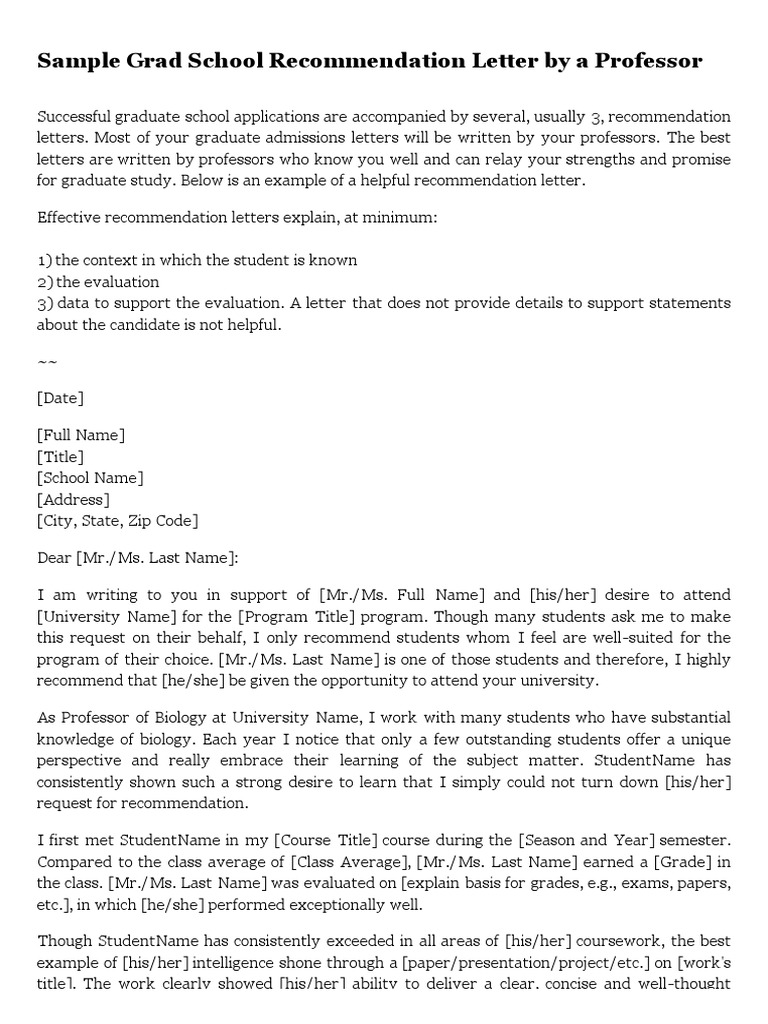 Sample Grad School Recommendation Letter by A Professor | PDF ...