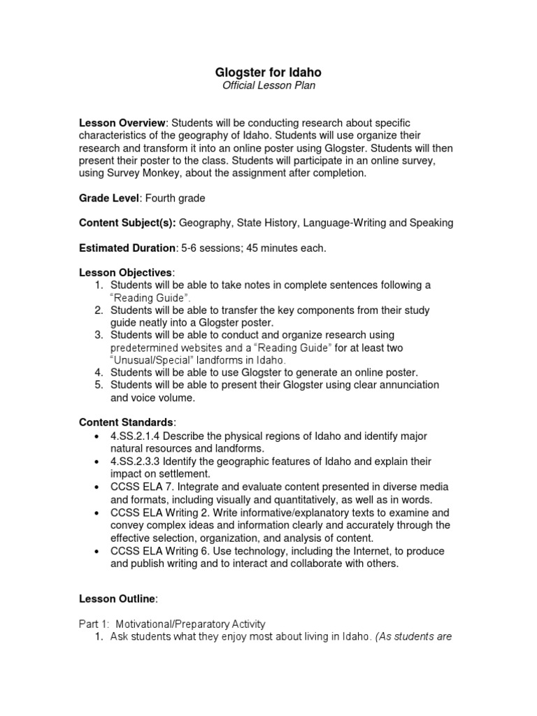 Idaho Geography Glogster Lesson Plan | PDF | Geography | Lesson Plan