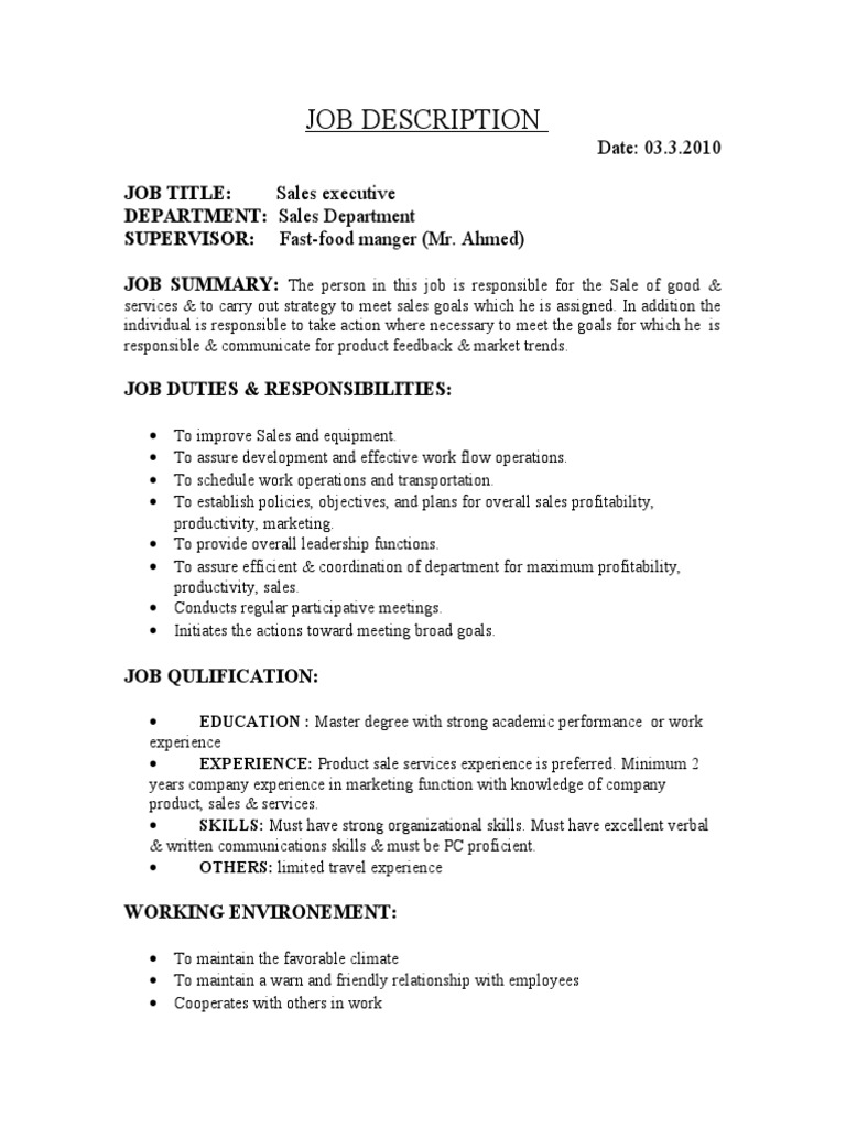 Sales Executive Job Description | PDF