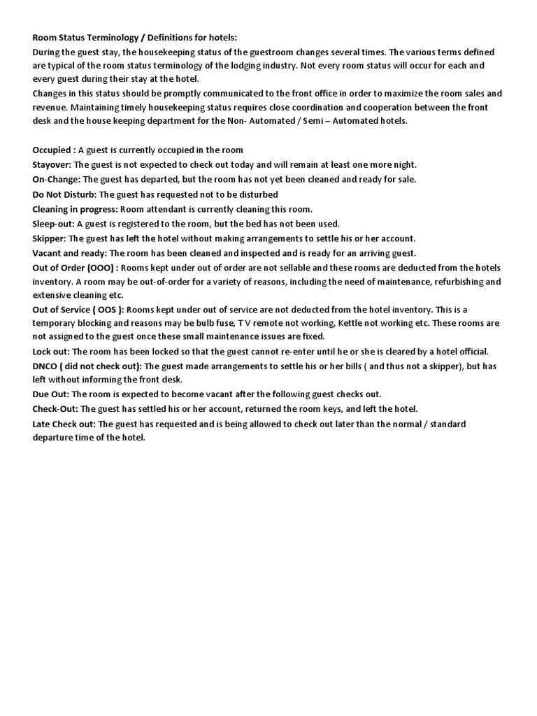 Room Status Terminology | PDF | Business | Hotel And Accommodation