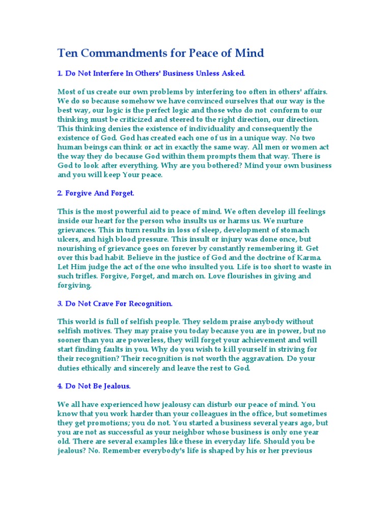 Ten Commandments For Peace of Mind | PDF | Jealousy | Meditation