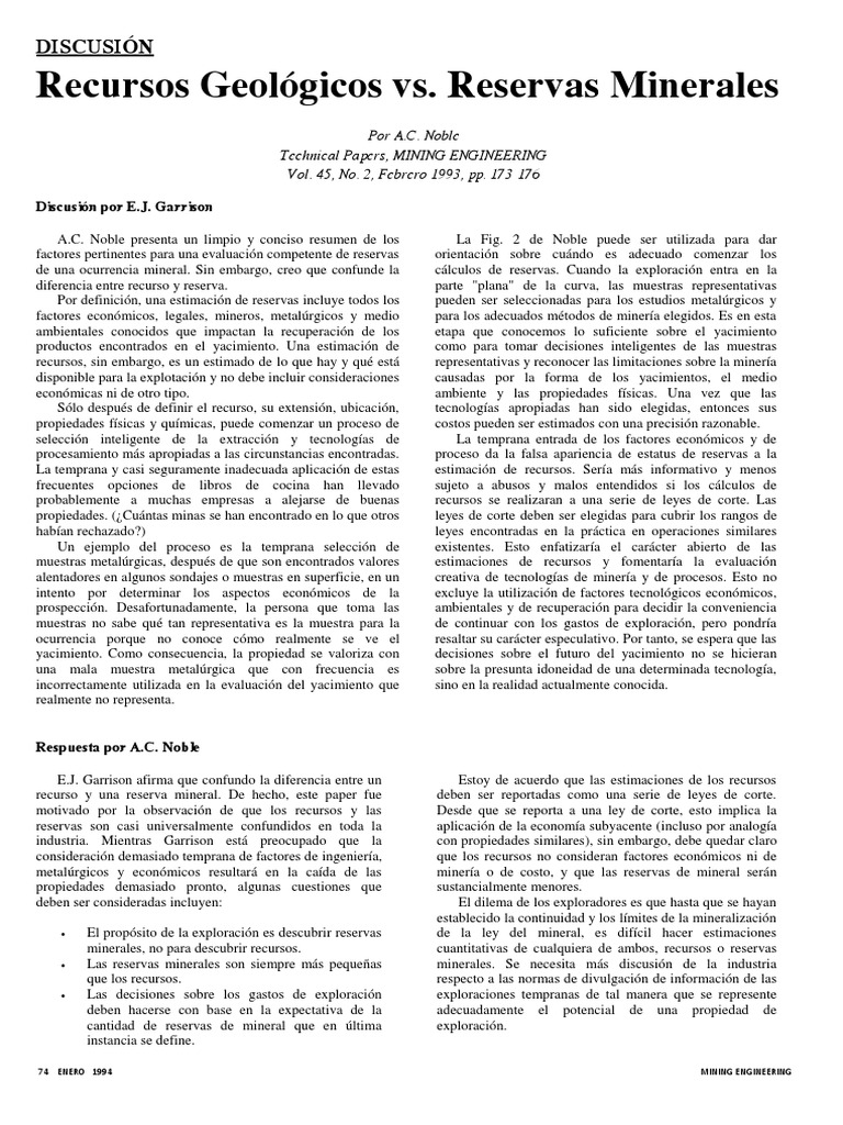 Recursos Geologicos Vs Reservas Minerales | PDF | Minería | Toma de ...