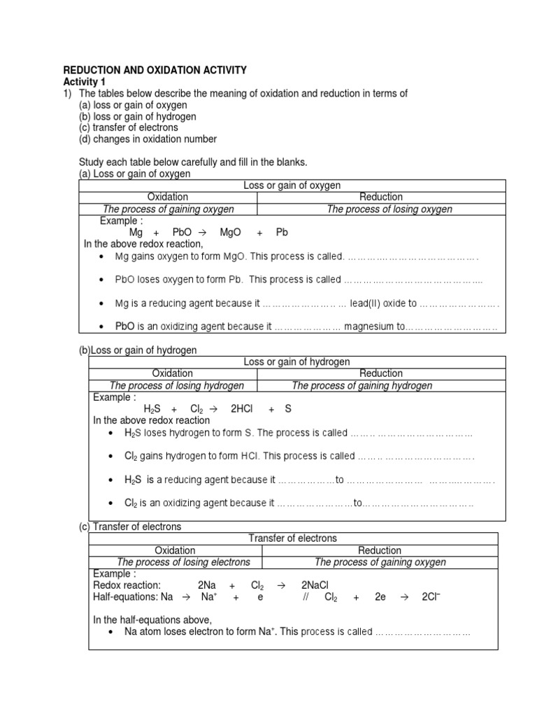 Reduction and Oxidation Activity | PDF | Redox | Chlorine