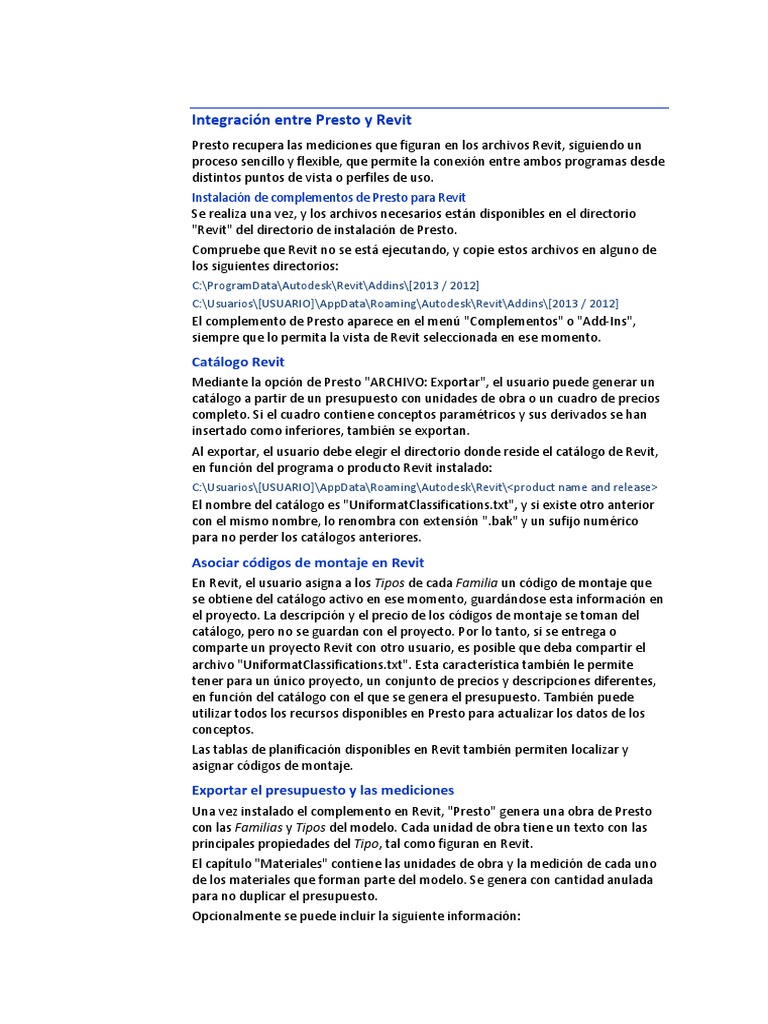 Integración Presto-Revit: Medición y Exportación | PDF | Autodesk Revit ...