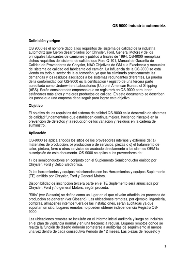 Requisitos del Sistema QS-9000 | PDF | La satisfacción del cliente | Calidad (comercial)