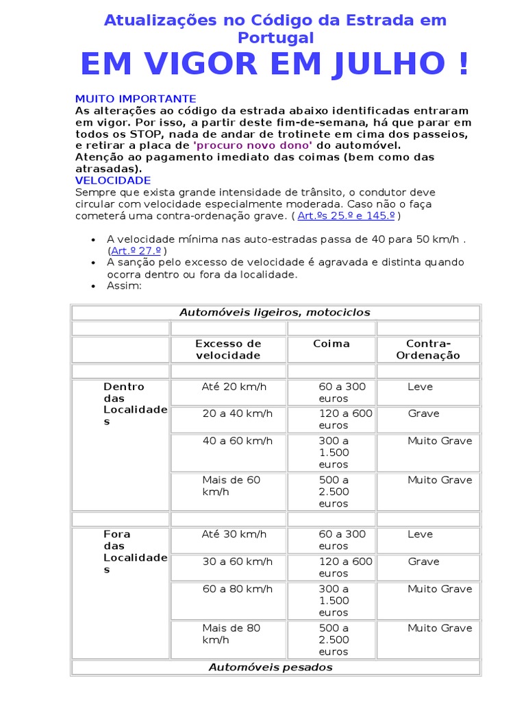 Atualizações No Código Da Estrada em Portugal | PDF | Tráfego ...