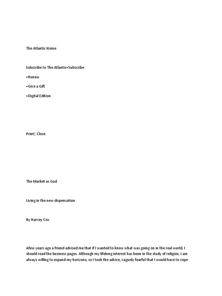 Harvey Cox-The Market As God | PDF | God | Theology