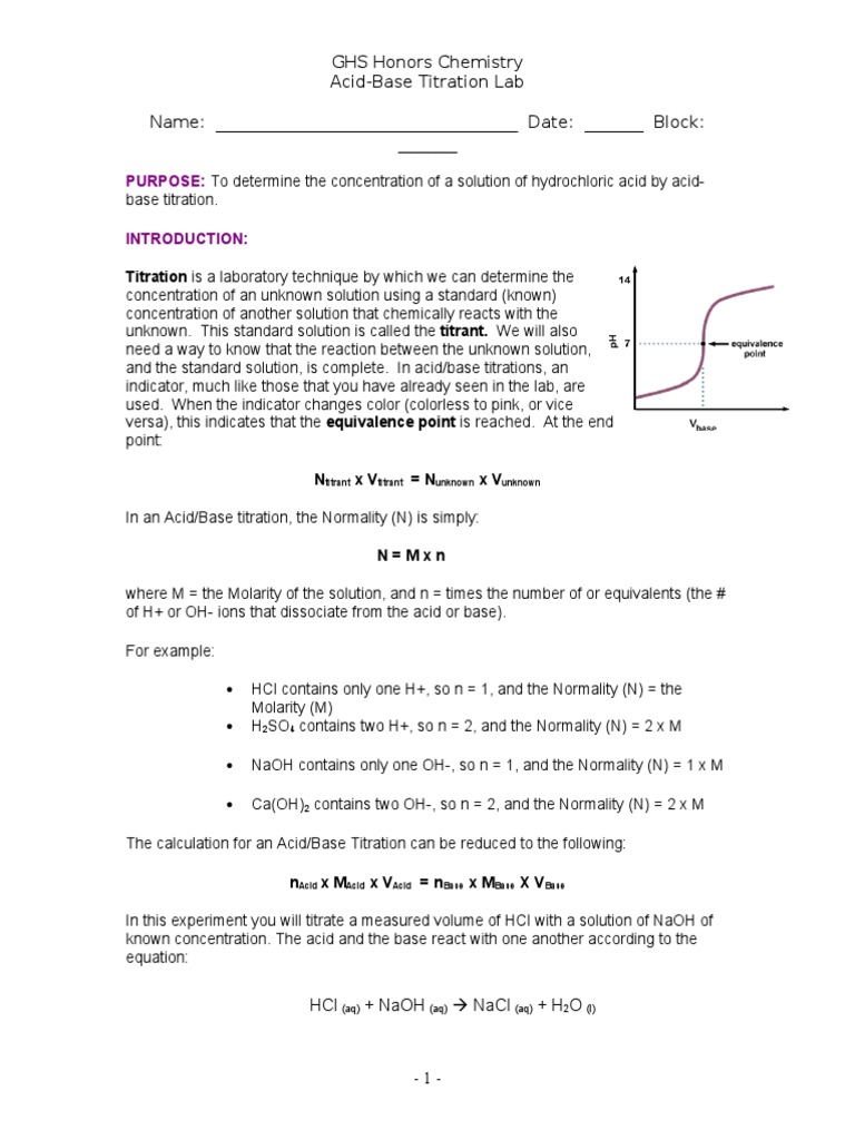 GHS Honors Chem Acid Base Titration Lab | PDF | Titration | Chemistry