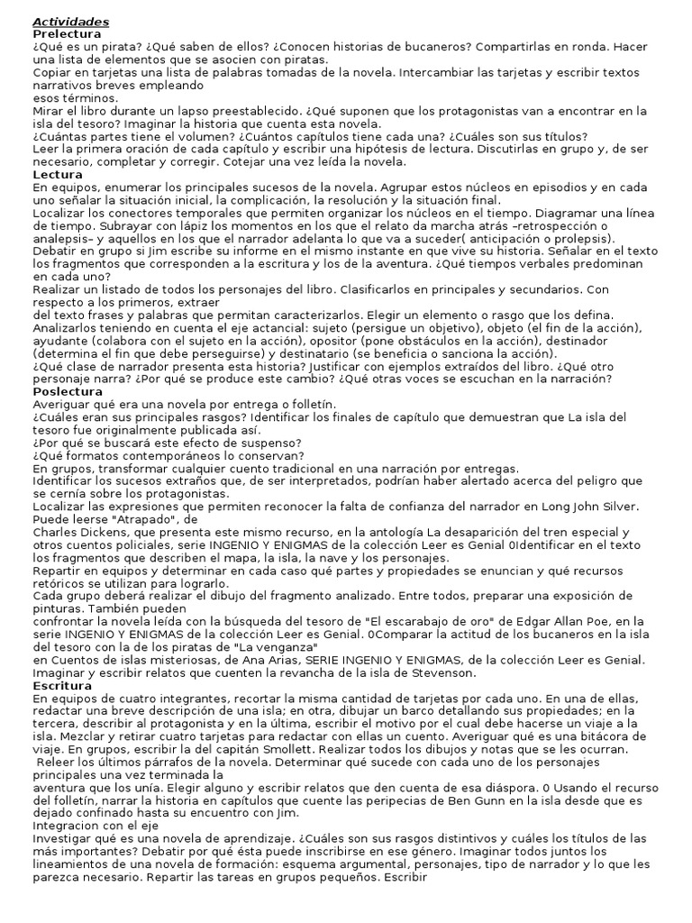 Actividades La Isla Del Tesoro | PDF | Isla del tesoro | Novelas