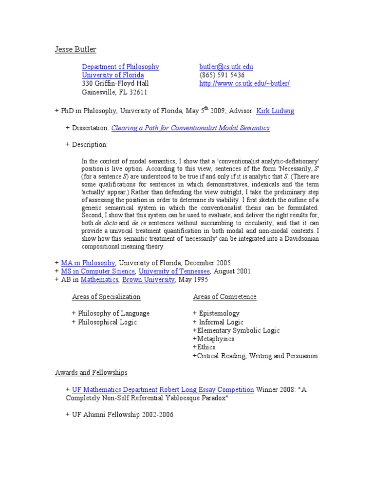 Jesse Butler's CV | PDF | Modal Logic | Logic
