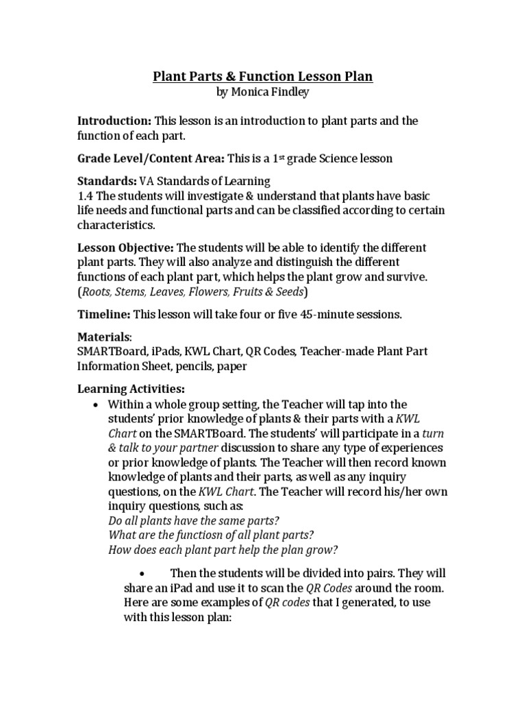 Plant Parts & Function Lesson Plan | PDF | Lesson Plan | Plants