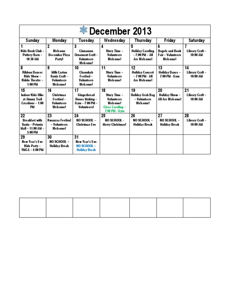 December 2013 Kids Activities Calendar | PDF | Home & Garden