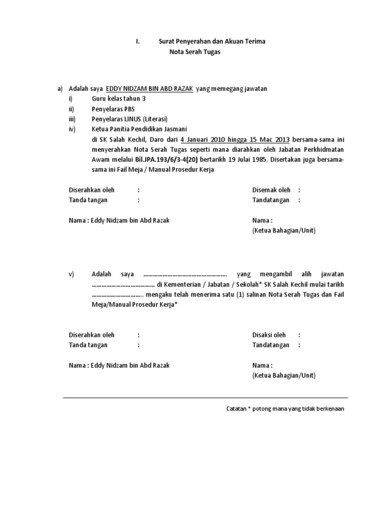 CTH Surat Penyerahan Dan Akuan Terima | PDF