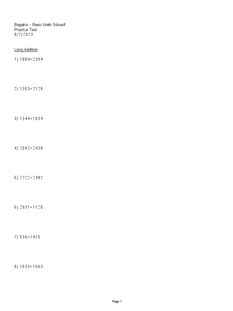 Bagatrix - Basic Math Solved! Practice Test 8 / 7 / 2 0 1 3 | PDF ...