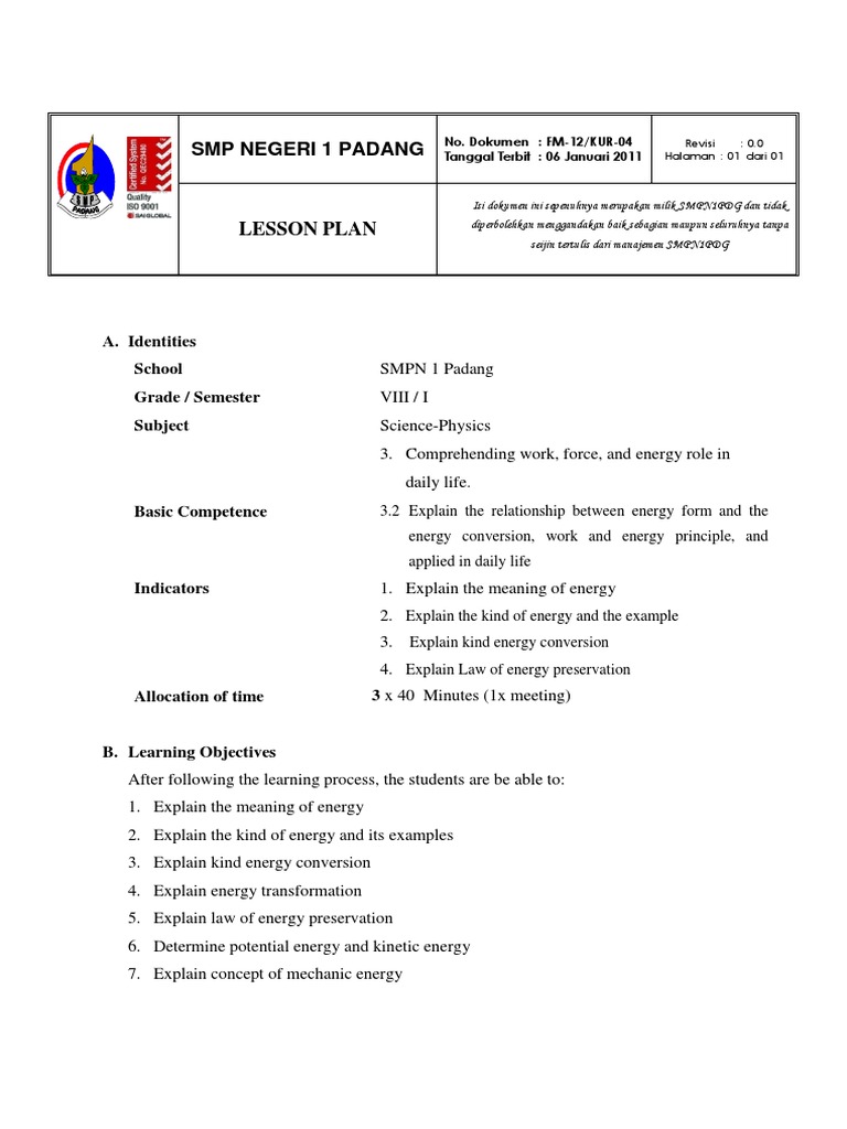 Lesson Plan Energy | PDF | Power Station | Potential Energy