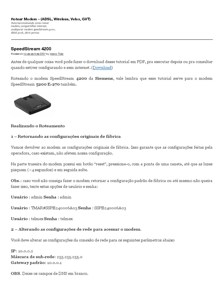 SpeedStream 4200 - Rotear Modem - (ADSL, Wireless, Velox, GVT) | PDF ...