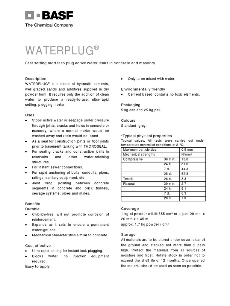 33 - TDS -Thoro Waterplug | Mortar (Masonry) | Sanitary Sewer