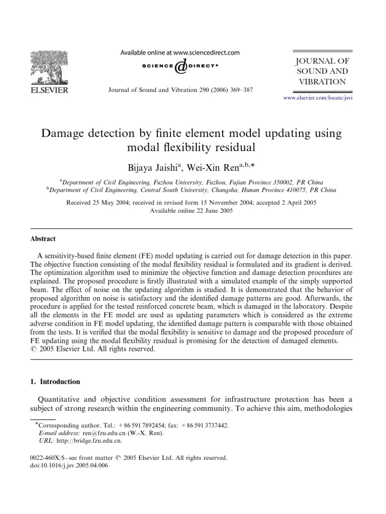 Damage Detection by Finite Element Model Updating Using Modal Flexibility Residual | PDF ...