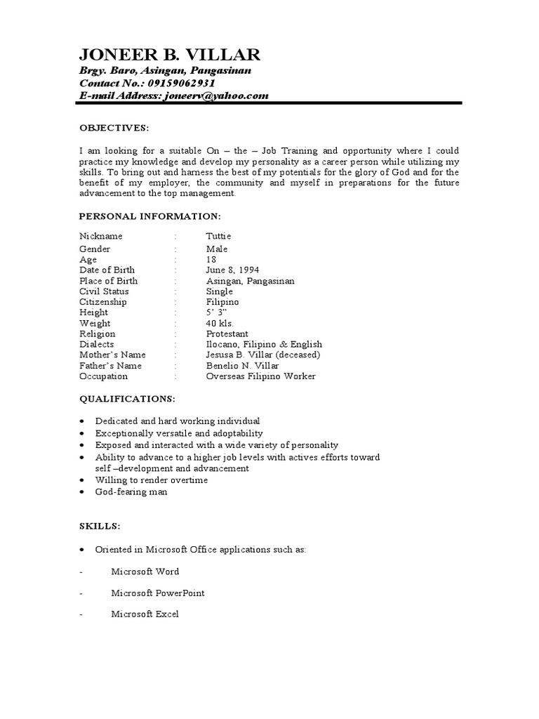 Sample Resume For OJT | PDF