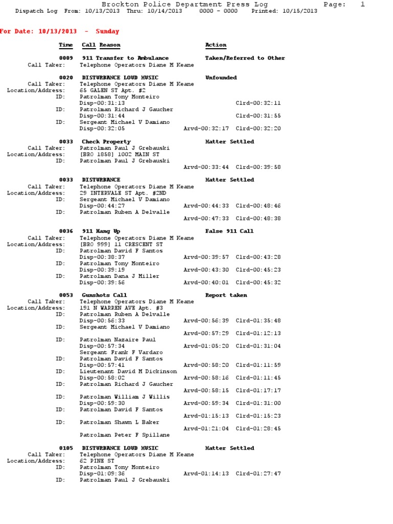 Brockton Police Log Updated To October 13th, 2013 | PDF | Emergency ...