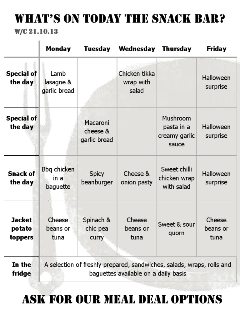 Snack Bar Weekly Menu 21.10.13 | PDF